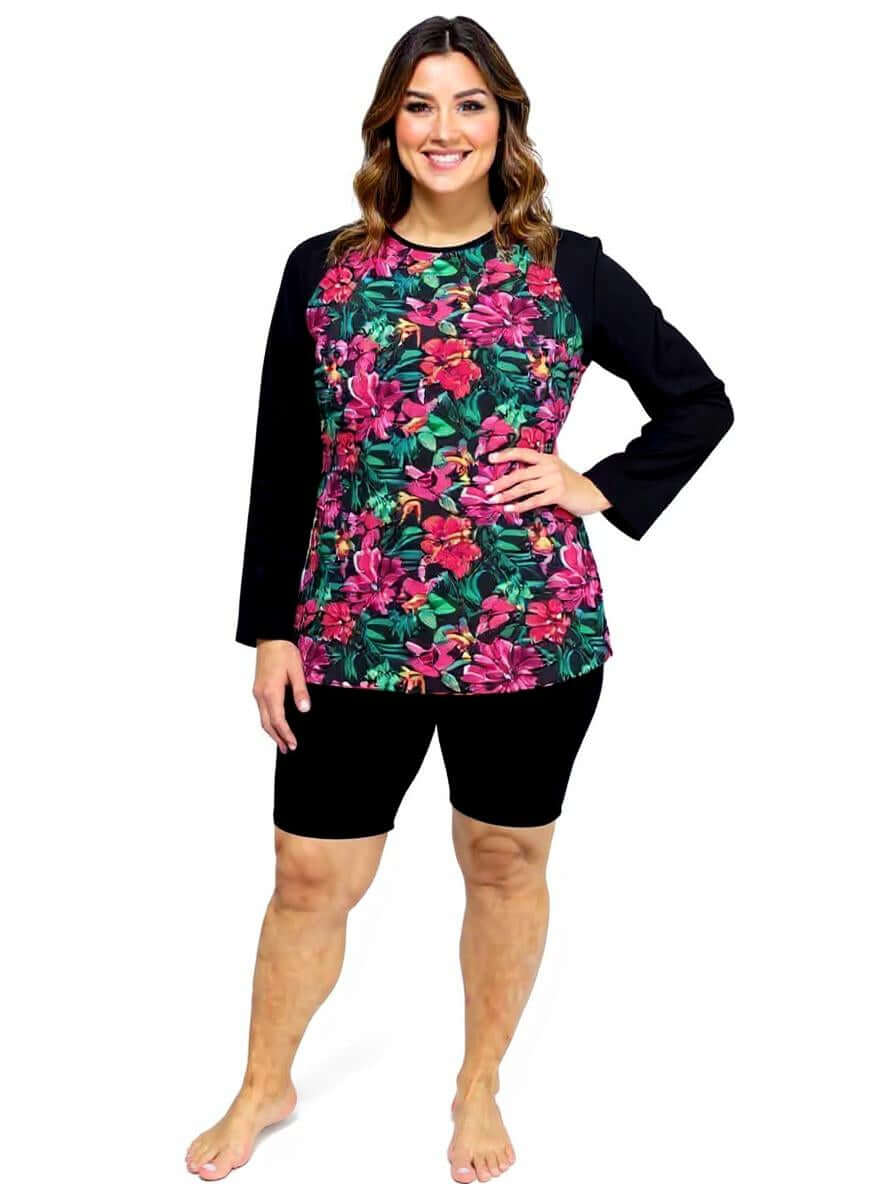 Plus Size Swim Rashie - Neon Tropics Navy | Dale and Waters